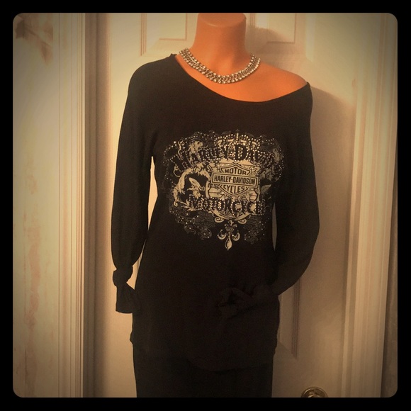 Harley-Davidson | Tops | Black Rhinestone Harley Davidson Oversized ...